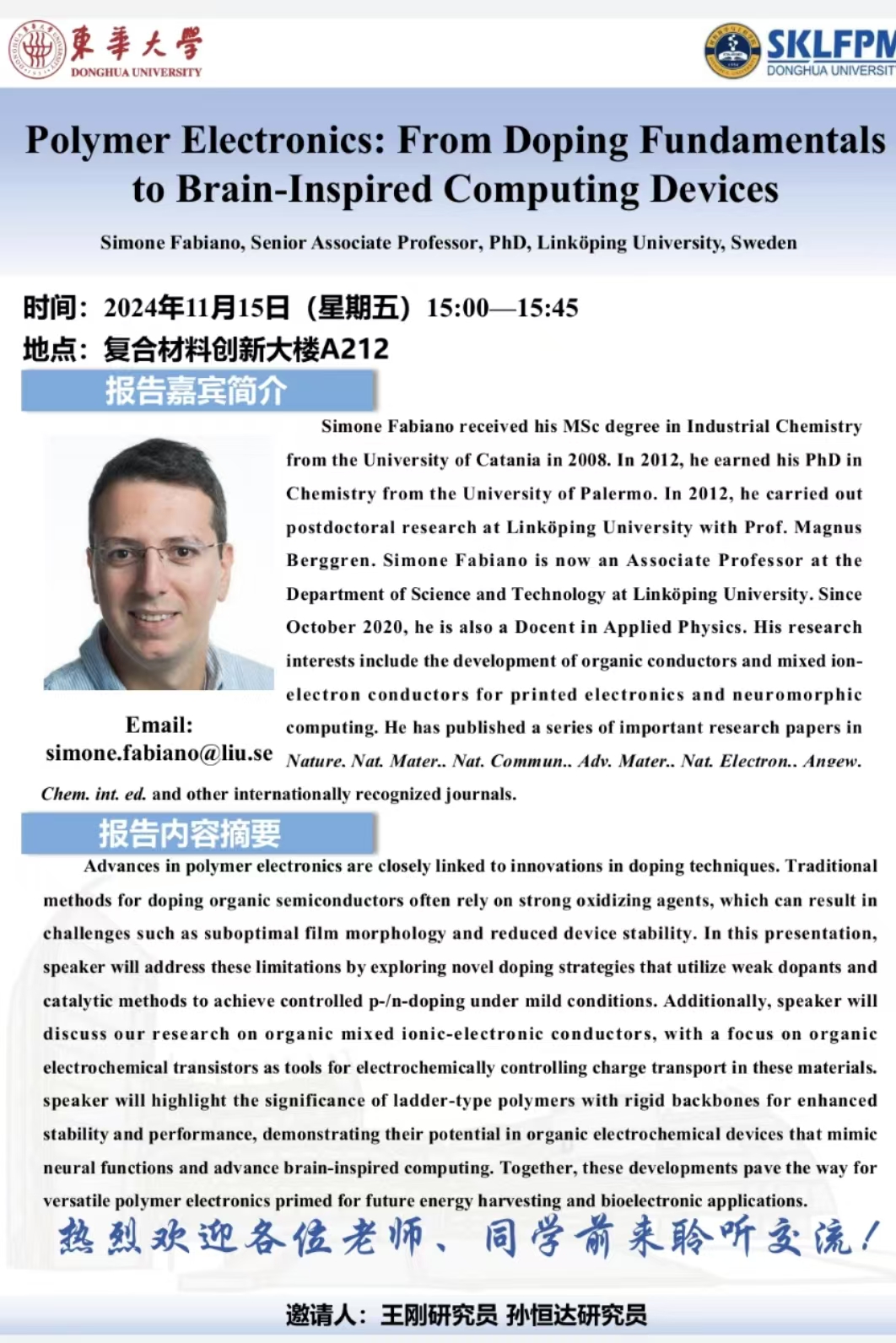 Simone Fabiano -- Linköping University -- Polymer Electronics: From Doping Fundamentalsto Brain ...